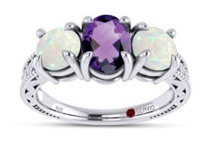 gemvio collection three stone design,centre 7x5mm oval cut natural amethyst & 5mm side natural white opal gemstone with diamond engagement ring in 14k white gold over sterling silver (1.50 cttw)-7.5