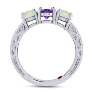 GEMVIO Collection Three Stone Design,Centre 7X5MM Oval Cut Natural Amethyst & 5MM Side Natural White Opal Gemstone With Diamond Engagement Ring In 14K White Gold Over Sterling Silver (1.50 Cttw)-7.5