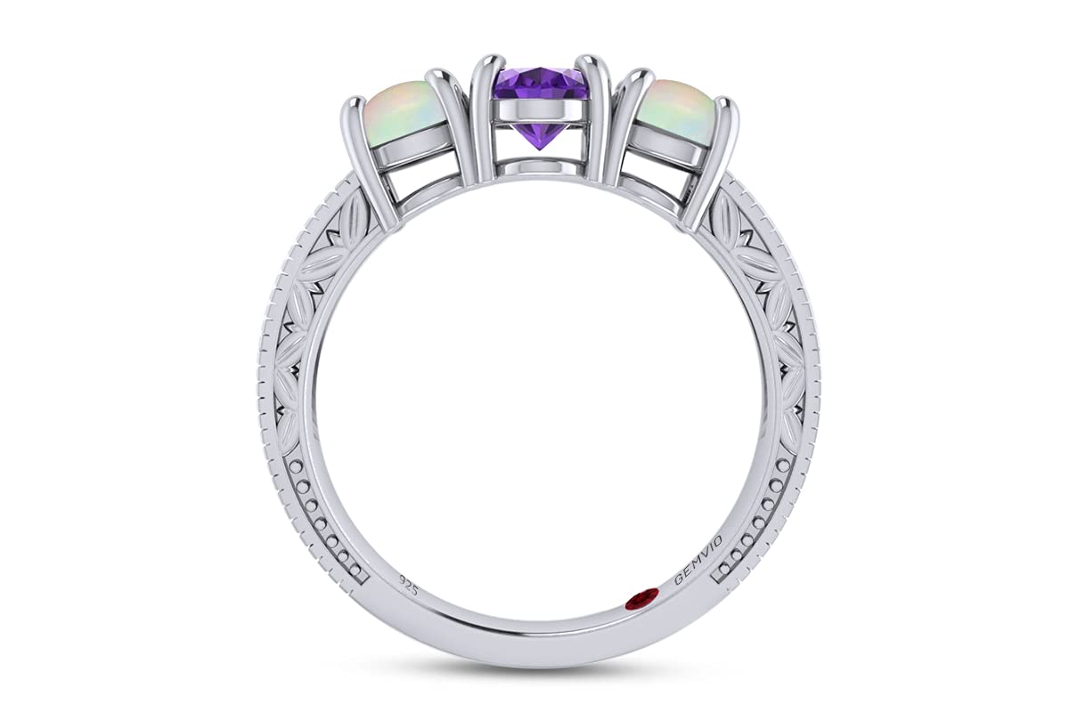 GEMVIO Collection Three Stone Design,Centre 7X5MM Oval Cut Natural Amethyst & 5MM Side Natural White Opal Gemstone With Diamond Engagement Ring In 14K White Gold Over Sterling Silver (1.50 Cttw)-7.5