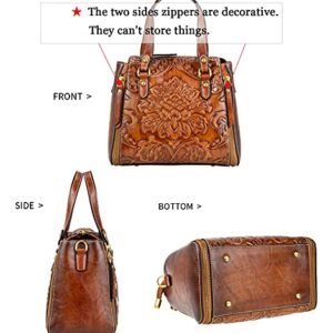 Crossbody Bag for Women Leather Top Handle Tote Purses Vintage Satchels Handbag (Flower Pattern- Brown)