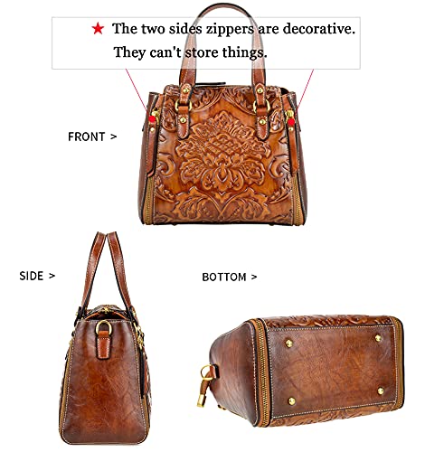 Crossbody Bag for Women Leather Top Handle Tote Purses Vintage Satchels Handbag (Flower Pattern- Brown)