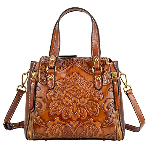 Crossbody Bag for Women Leather Top Handle Tote Purses Vintage Satchels Handbag (Flower Pattern- Brown)