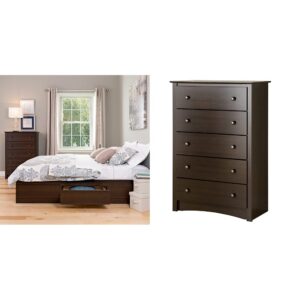 prepac full mate's platform storage bed with 6 drawers, espresso & fremont 5 drawer chest, espresso brown