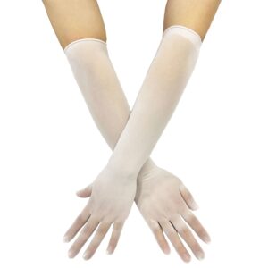 kkmeter women's seamless nylon mesh ultra-thin sheer opera length glove mittens (white)