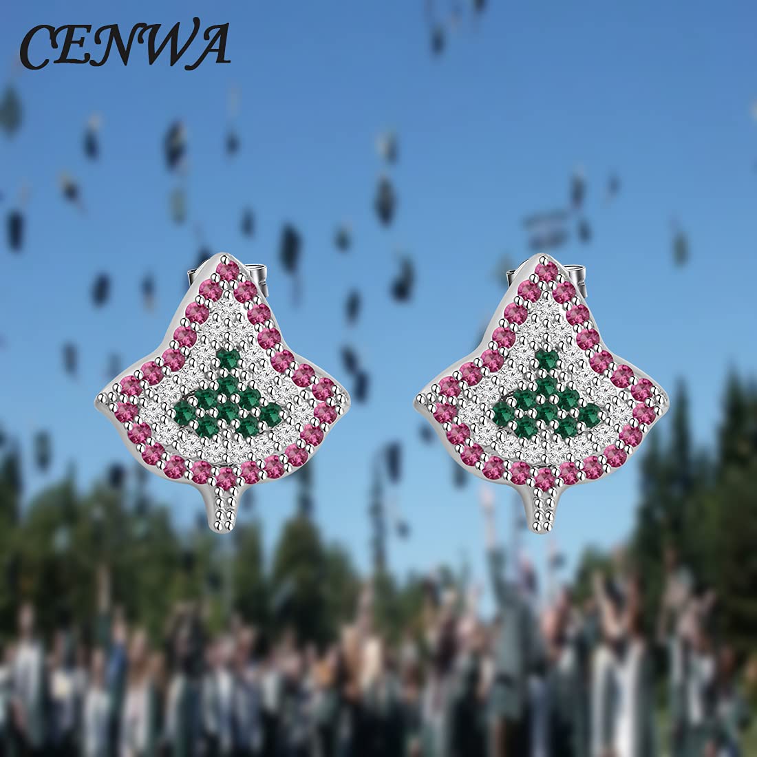 CENWA Pink and Green Leaf Zircon Earrings Sorority Gifts Paraphernalia Graduation Jewelry (Leaf Zircon Earrings)