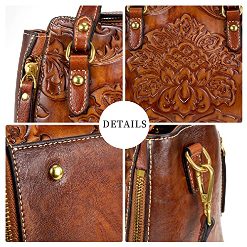 Crossbody Bag for Women Leather Top Handle Tote Purses Vintage Satchels Handbag (Flower Pattern- Brown)