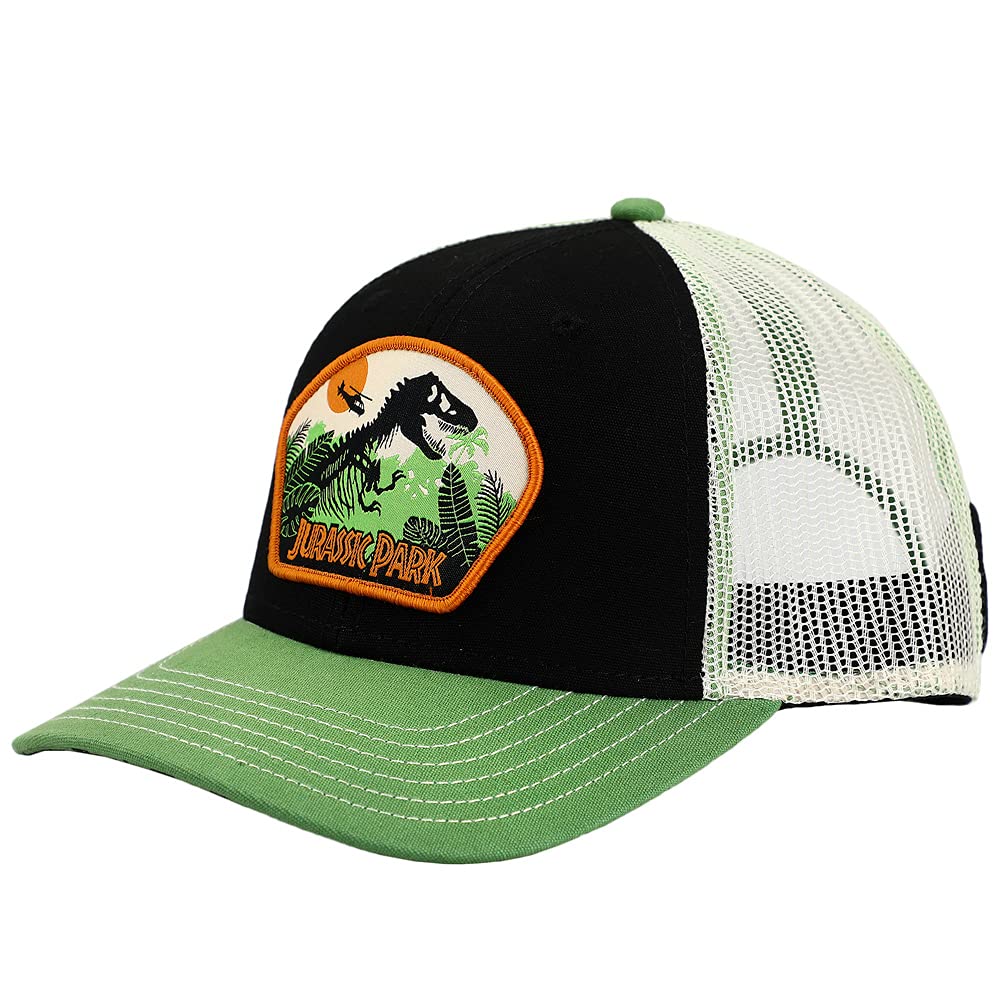 Bioworld Jurassic Park Washed Canvas Trucker Hat with Embroidery Patch and Underbill Print Snapback hat Black