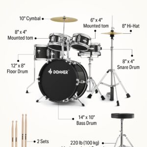 Kid Drum Sets-Donner 5-Piece for Beginners, 14 inch Full Size Complete Junior Drum Kit with Adjustable Throne, Cymbal, Hi-Hat, Pedal & Drumstick, Metallic Black