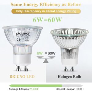 DiCUNO GU10 LED Light Bulbs, 6W 60W Halogen Replacement, Bright Daylight White 5000K, 700LM, Full Glass Cover 120 Degree Beam Angle 120V MR16 GU10 LED Non-dimmable, Spotlight Track Lighting, 6-Pack