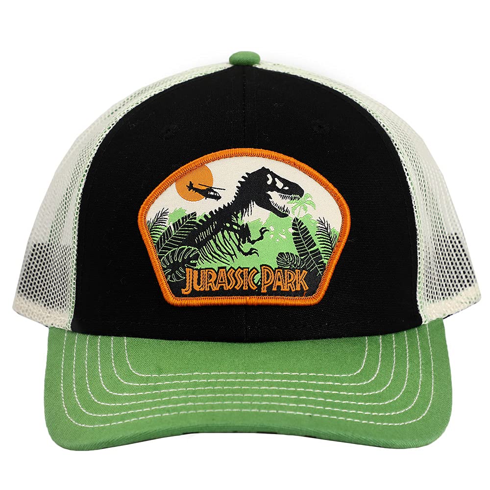 Bioworld Jurassic Park Washed Canvas Trucker Hat with Embroidery Patch and Underbill Print Snapback hat Black