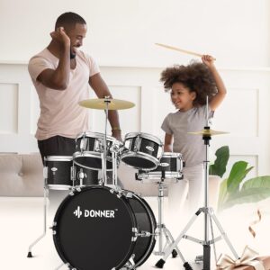 Kid Drum Sets-Donner 5-Piece for Beginners, 14 inch Full Size Complete Junior Drum Kit with Adjustable Throne, Cymbal, Hi-Hat, Pedal & Drumstick, Metallic Black