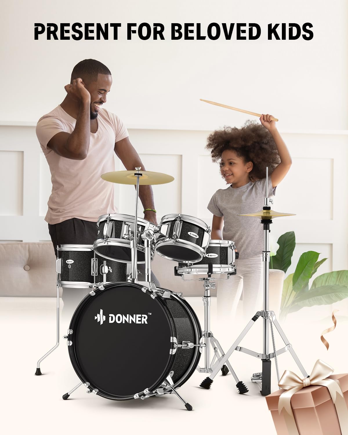 Kid Drum Sets-Donner 5-Piece for Beginners, 14 inch Full Size Complete Junior Drum Kit with Adjustable Throne, Cymbal, Hi-Hat, Pedal & Drumstick, Metallic Black