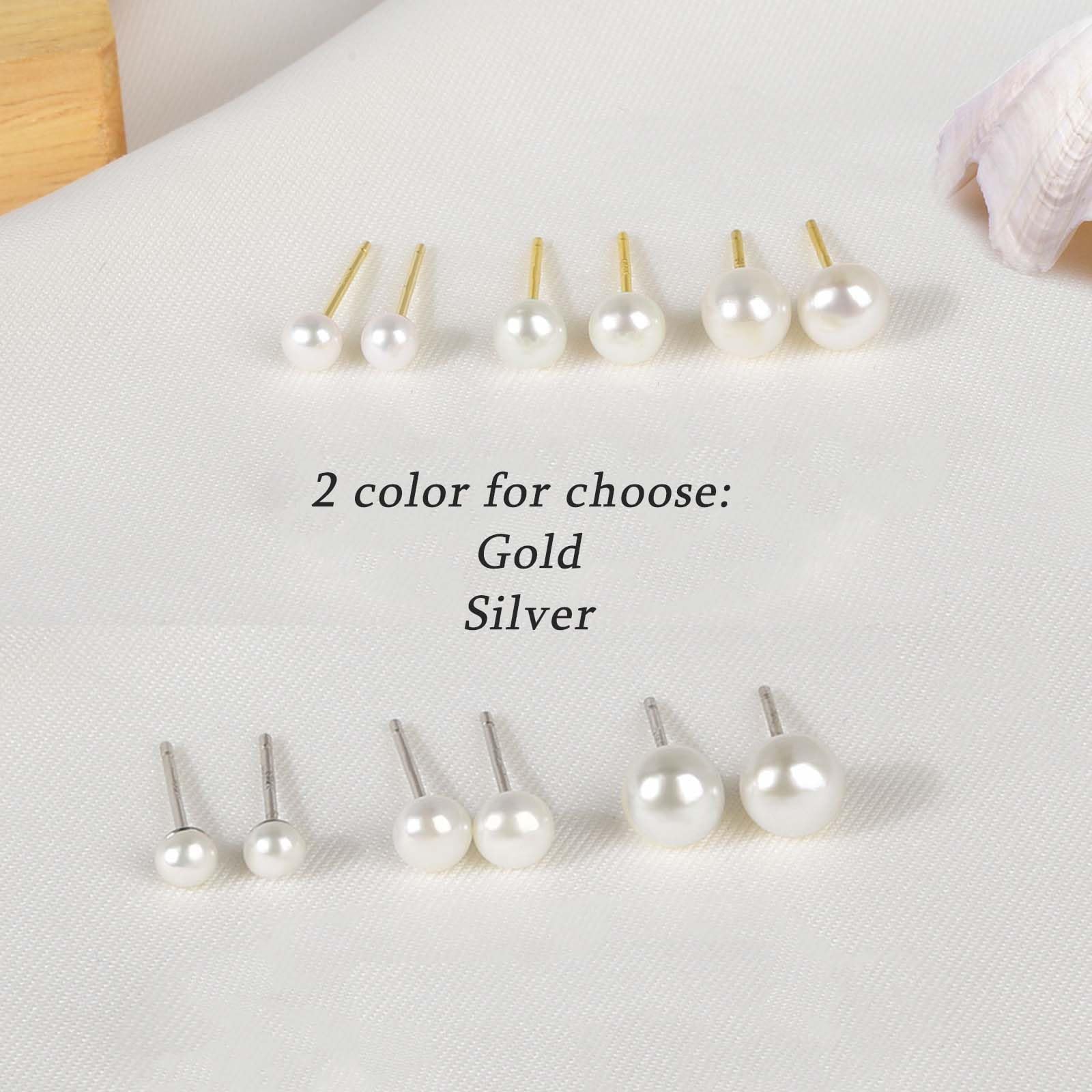 SILBERTALE Pearl Stud Earrings Sterling Silver Small Tiny 3-4mm White Freshwater Pearl Earrings Studs for Women Gold