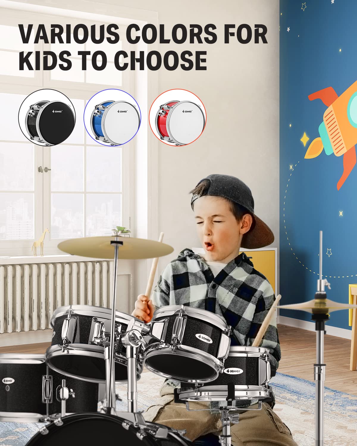 Kid Drum Sets-Donner 5-Piece for Beginners, 14 inch Full Size Complete Junior Drum Kit with Adjustable Throne, Cymbal, Hi-Hat, Pedal & Drumstick, Metallic Black