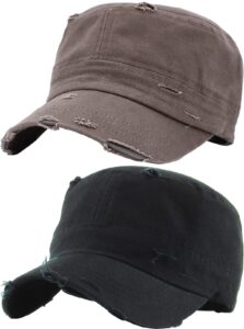 funky junque distressed military style army cadet hat bundle - black & charcoal (2 pack)