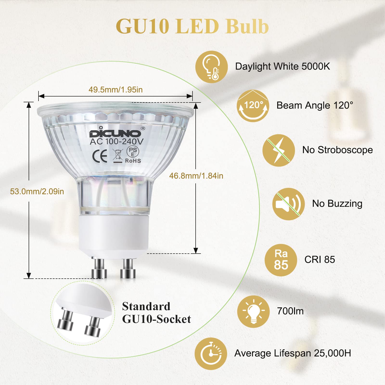 DiCUNO GU10 LED Light Bulbs, 6W 60W Halogen Replacement, Bright Daylight White 5000K, 700LM, Full Glass Cover 120 Degree Beam Angle 120V MR16 GU10 LED Non-dimmable, Spotlight Track Lighting, 6-Pack