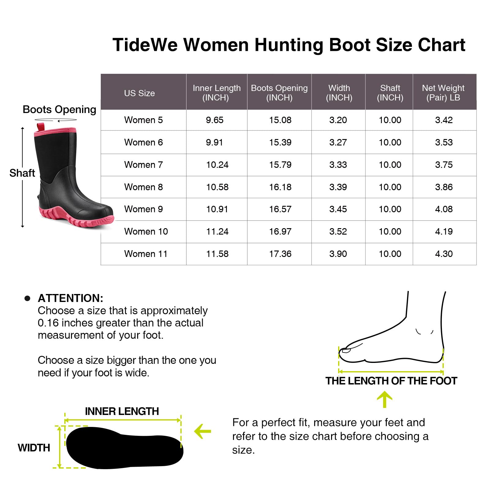 TIDEWE Rubber Boots for Women, 5.5mm Neoprene Insulated Rain Boots with Steel Shank, Waterproof Mid Calf Hunting Boots, Sturdy Rubber Work Boots for Farming Gardening Fishing (Black Size 9)