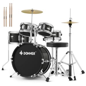 kid drum sets-donner 5-piece for beginners, 14 inch full size complete junior drum kit with adjustable throne, cymbal, hi-hat, pedal & drumstick, metallic black