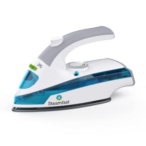 steamfast sf-710 mini steam iron, non-stick sole plate, foldable handle, cord storage, white