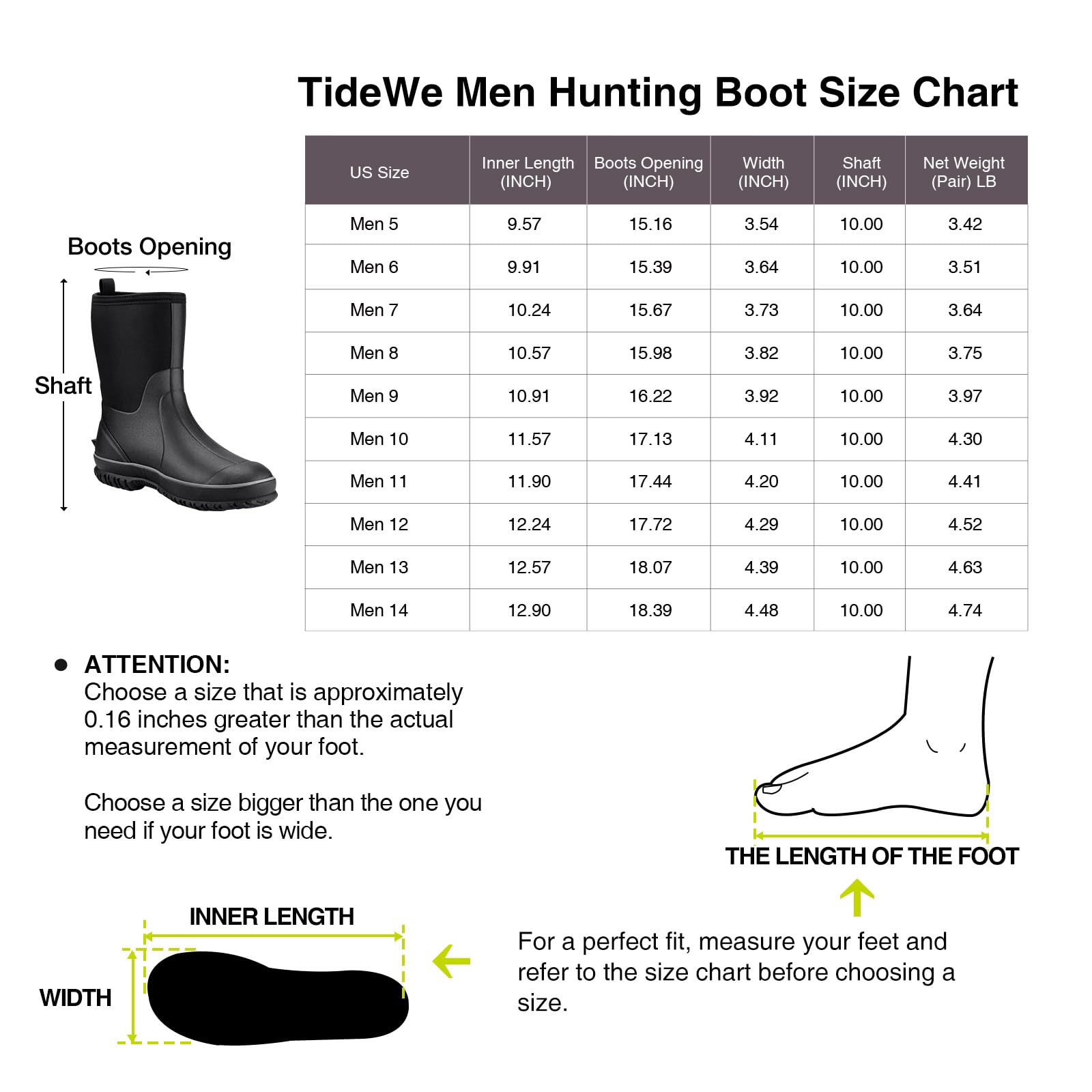 TIDEWE Rubber Boots for Men, 5.5mm Neoprene Insulated Rain Boots with Steel Shank, Waterproof Mid Calf Hunting Boots, Sturdy Rubber Work Boots for Farming Gardening Fishing (Black Size 10)