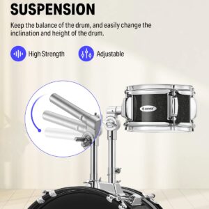 Kid Drum Sets-Donner 5-Piece for Beginners, 14 inch Full Size Complete Junior Drum Kit with Adjustable Throne, Cymbal, Hi-Hat, Pedal & Drumstick, Metallic Black