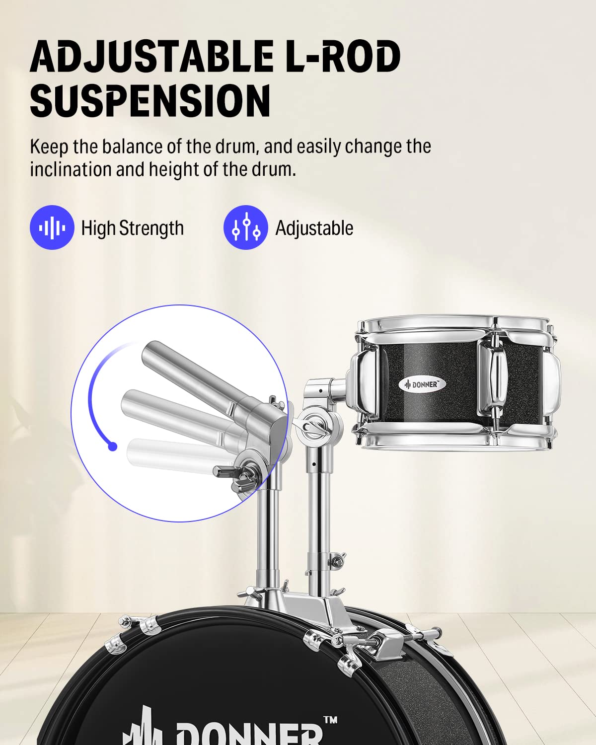 Kid Drum Sets-Donner 5-Piece for Beginners, 14 inch Full Size Complete Junior Drum Kit with Adjustable Throne, Cymbal, Hi-Hat, Pedal & Drumstick, Metallic Black