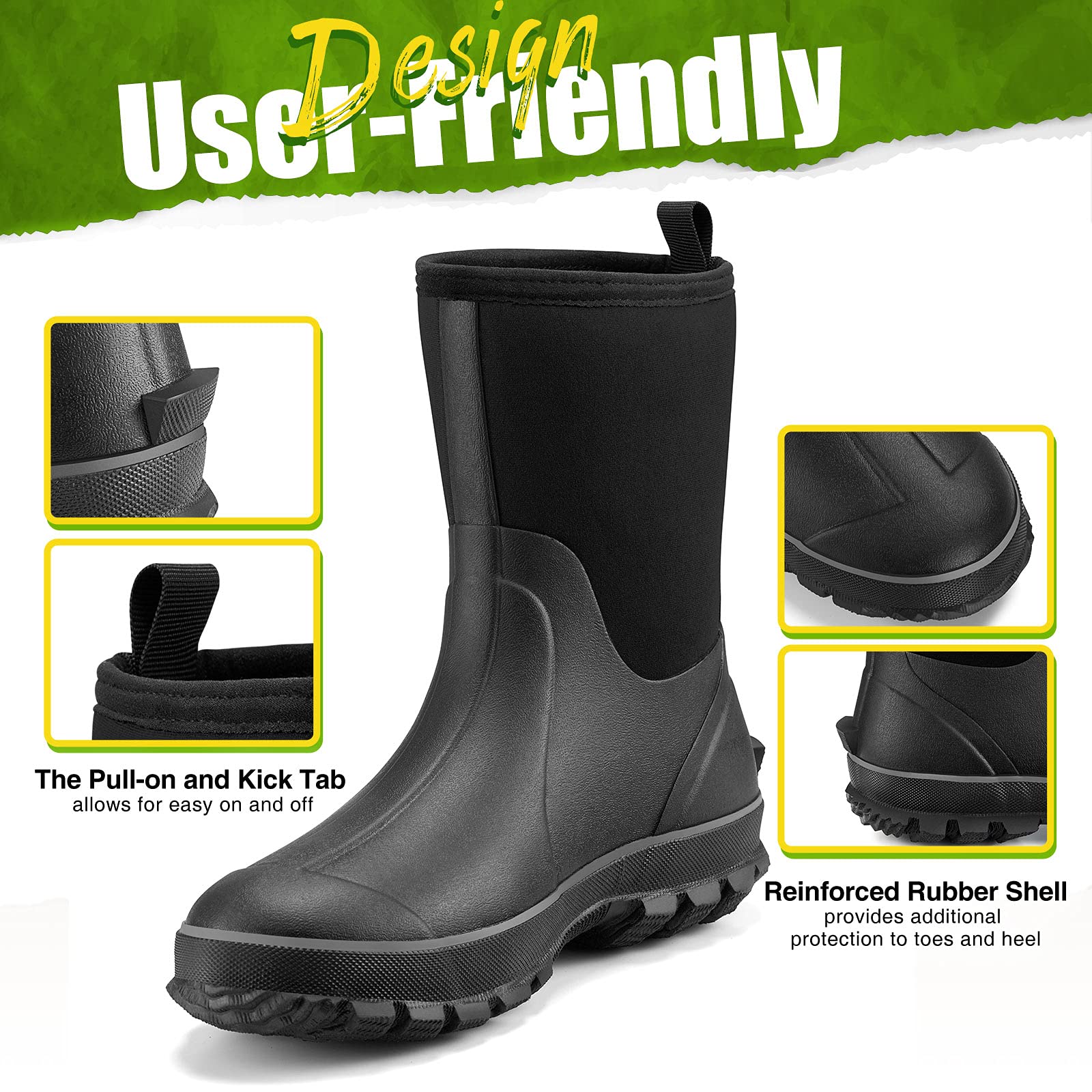 TIDEWE Rubber Boots for Men, 5.5mm Neoprene Insulated Rain Boots with Steel Shank, Waterproof Mid Calf Hunting Boots, Sturdy Rubber Work Boots for Farming Gardening Fishing (Black Size 10)