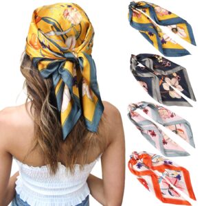 chlins 27 inches silk feeling square head scarf - 4 pcs satin square head scarves for women hair bandanas head kerchief sleeping wrap neckerchief(floral(white+yellow+black+pink))