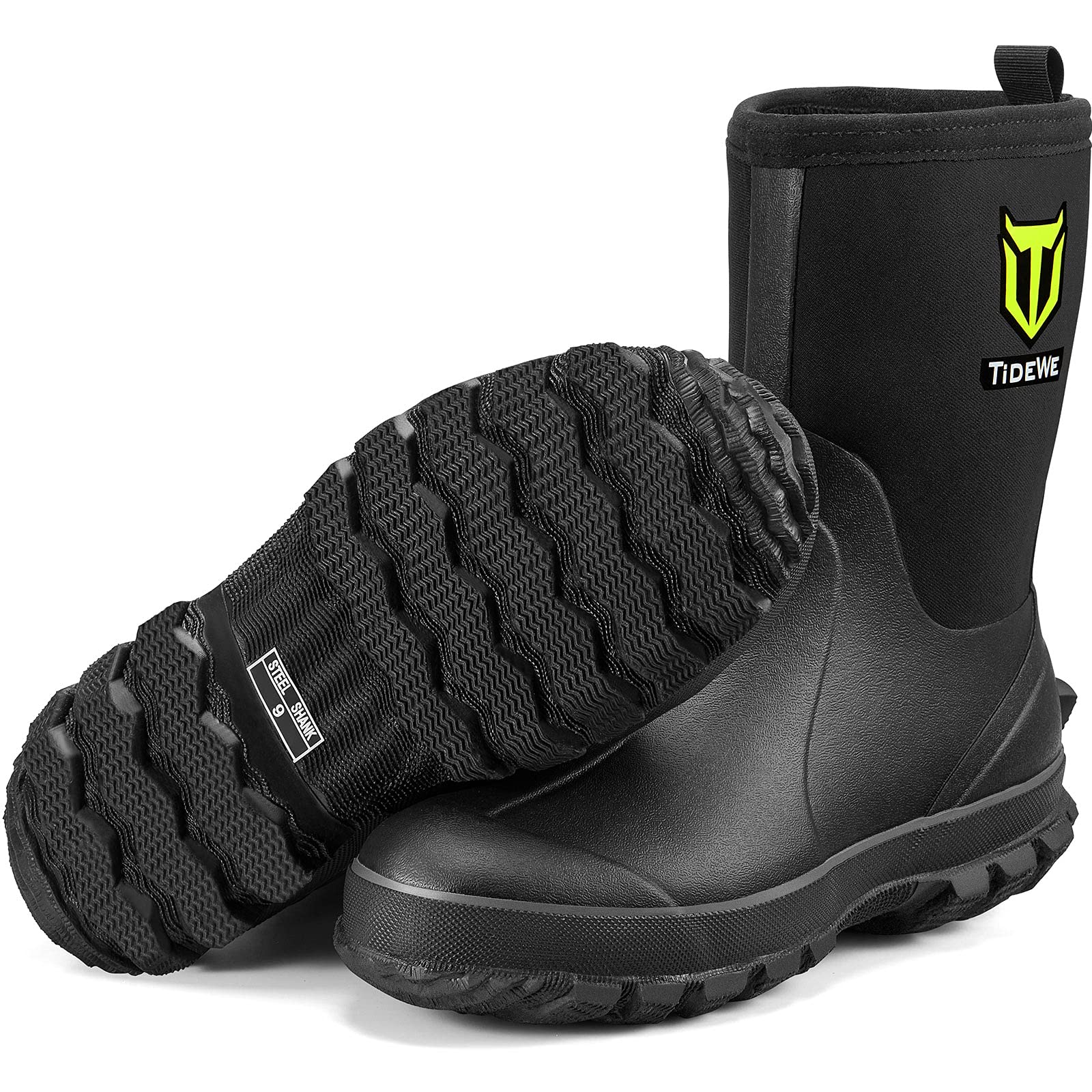 TIDEWE Rubber Boots for Men, 5.5mm Neoprene Insulated Rain Boots with Steel Shank, Waterproof Mid Calf Hunting Boots, Sturdy Rubber Work Boots for Farming Gardening Fishing (Black Size 10)