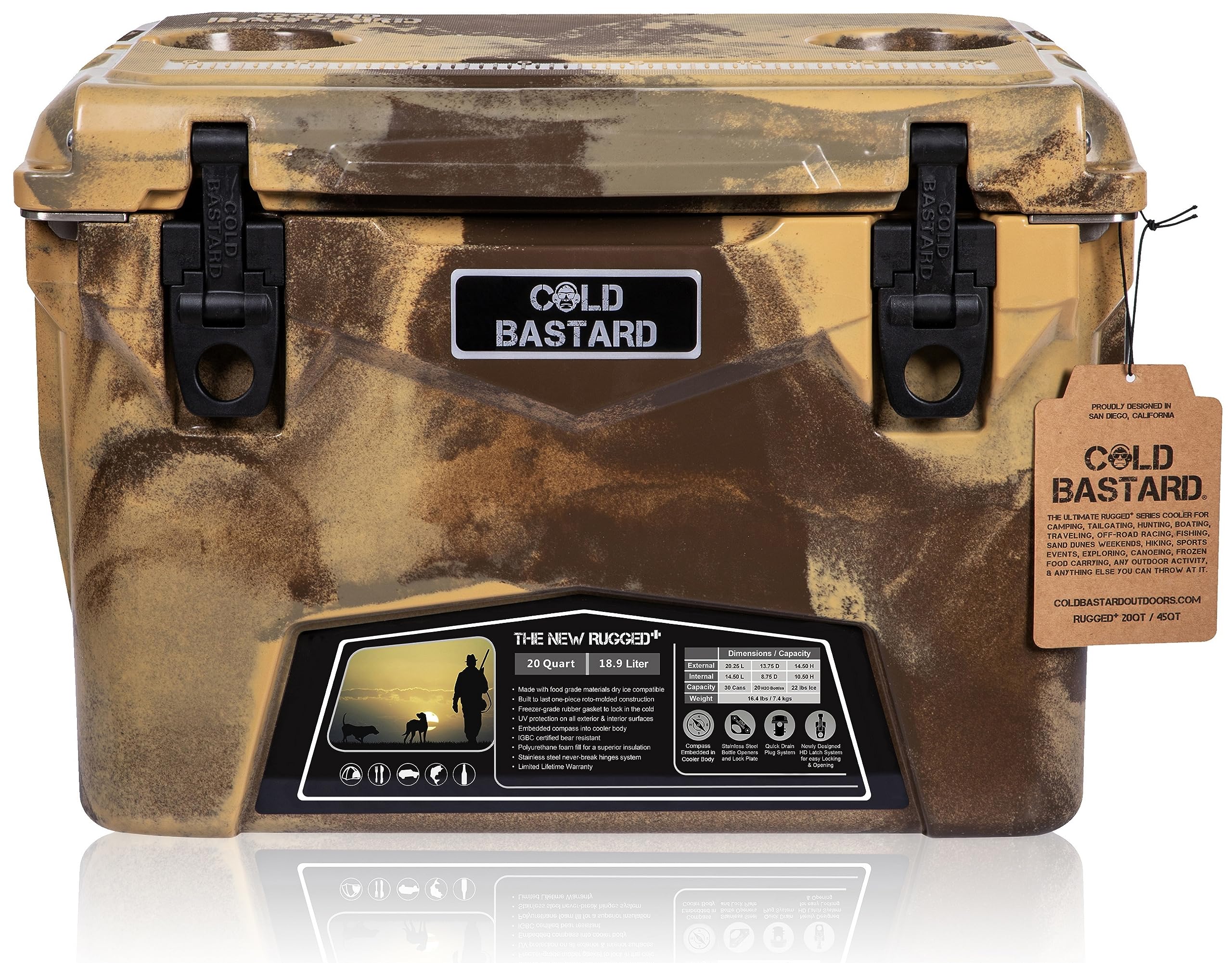 COLD BASTARD COOLERS 20QT Cold Bastard Rugged+ CAMO Camel Premium Ice Chest Cooler Accs Free S&H(CB20-CC)