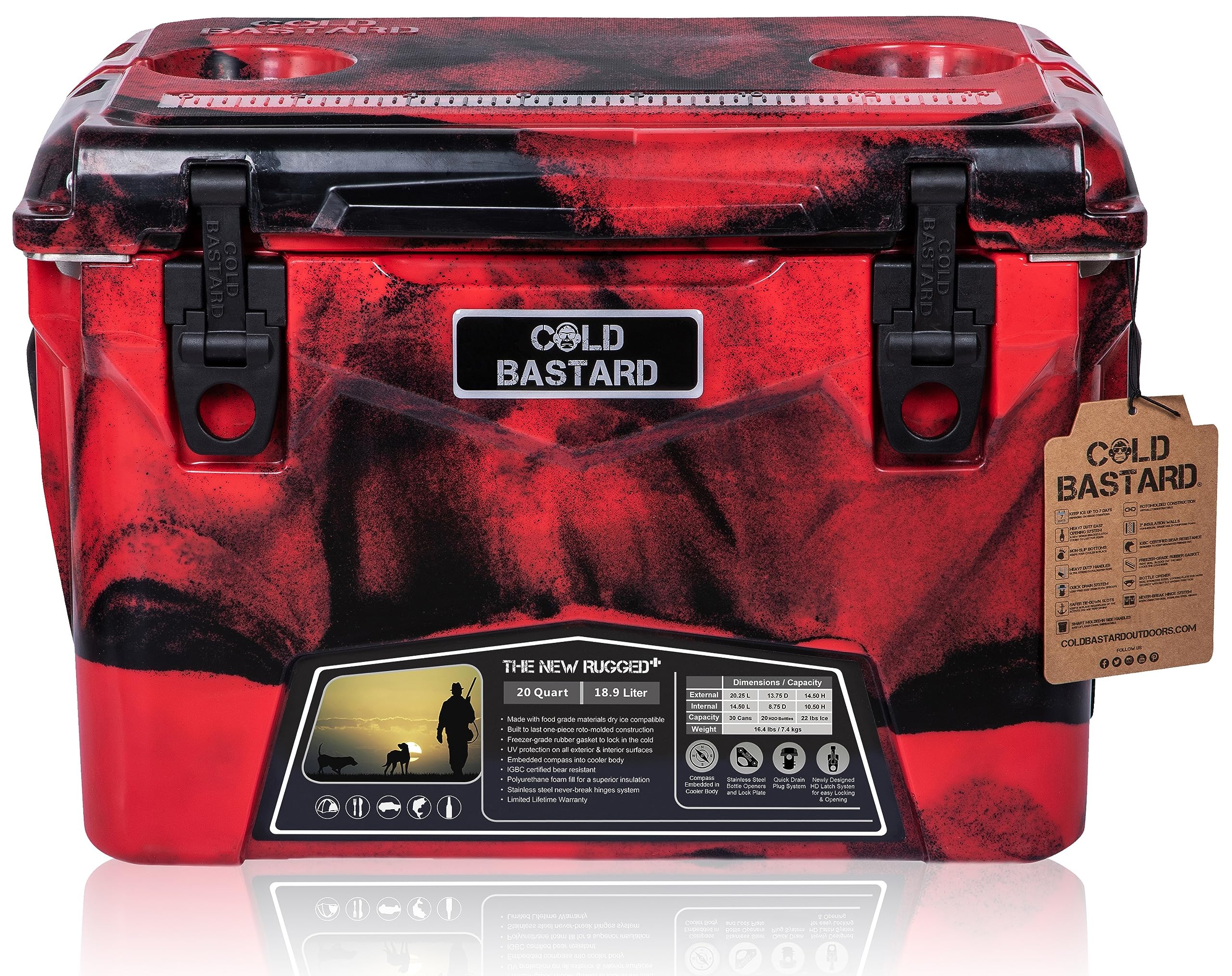 COLD BASTARD COOLERS 20QT Cold Bastard Rugged+ CAMO Red Premium Ice Chest Cooler Accessories Free S&H(CB20-CR)