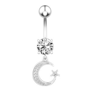 gulcean belly button ring dangle moon and stars for women sexy surgical steel cute dainty boho long bar dangly belly button rings hypoallergenic jewelry for her (silver)