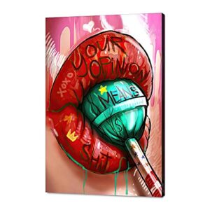 mamago canvas wall art graffiti painting colorful beautiful girl red lips pictures modern abstract street pop art posters decorations for living room framed ready to hang - 11.5"w x 15"h