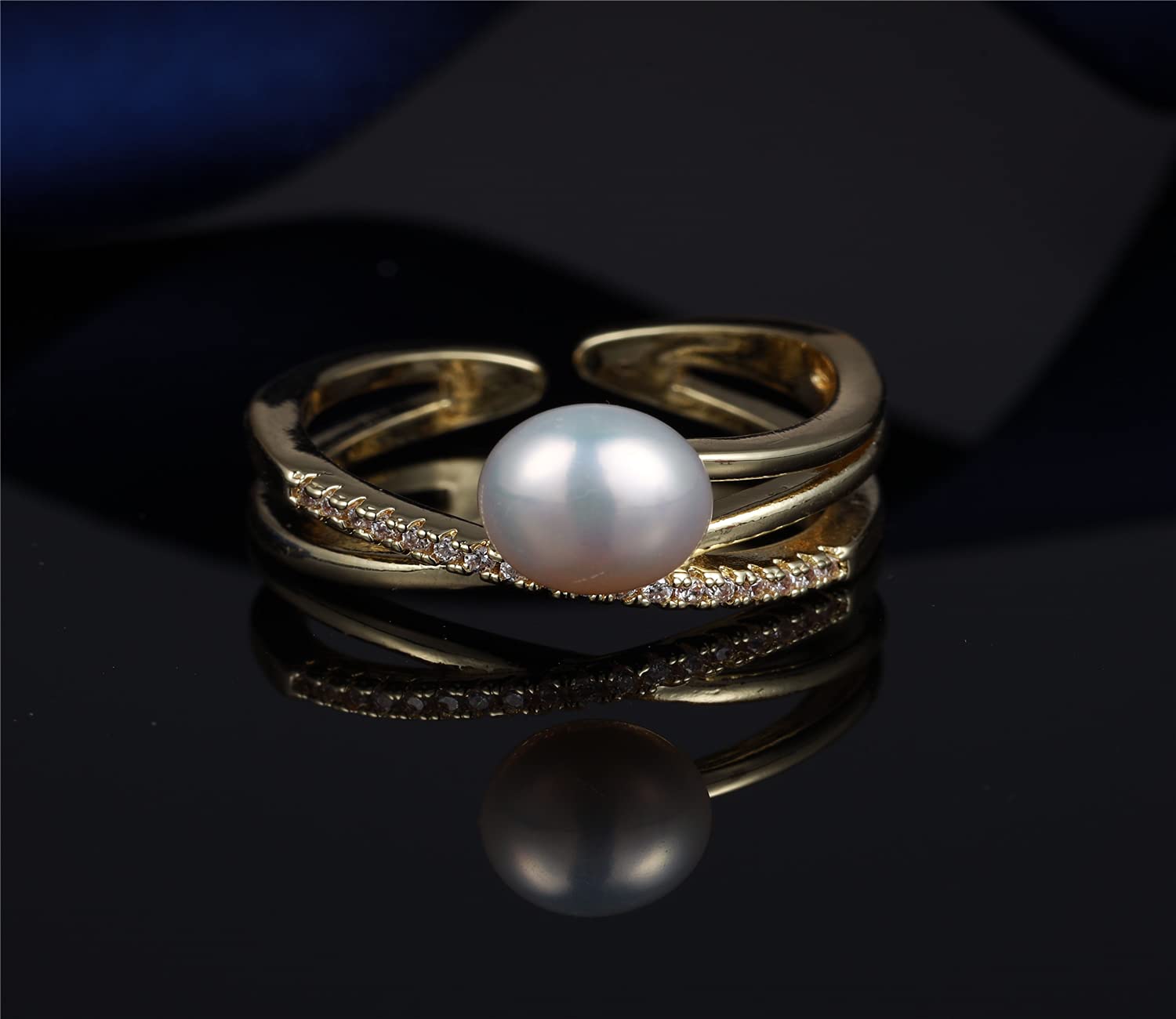 COISE Gold Pearl Rings, Adjustable Rings for Women Girls, AAA+ CZ Stacking Open Rings