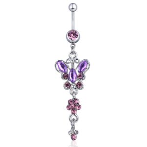 futimely butterfly belly button rings dainty crystal rhinestone paved butterfly belly piercing navel ring stainless steel navel piercing belly body jewelry (purple)