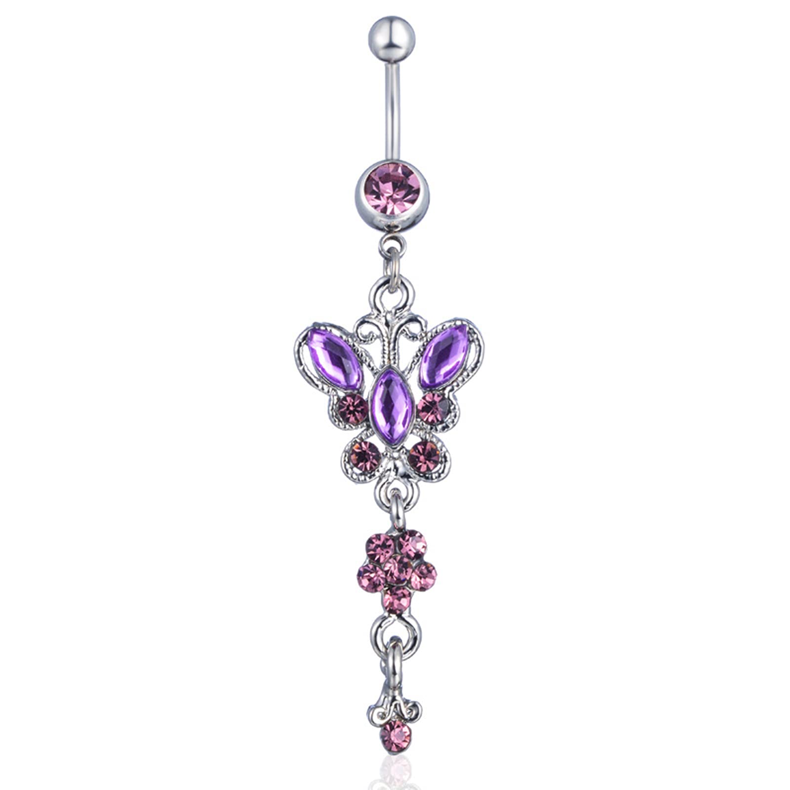 FUTIMELY Butterfly Belly Button Rings Dainty Crystal Rhinestone Paved Butterfly Belly Piercing Navel Ring Stainless Steel Navel Piercing Belly Body Jewelry (Purple)