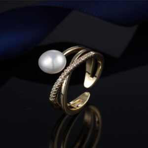 COISE Gold Pearl Rings, Adjustable Rings for Women Girls, AAA+ CZ Stacking Open Rings