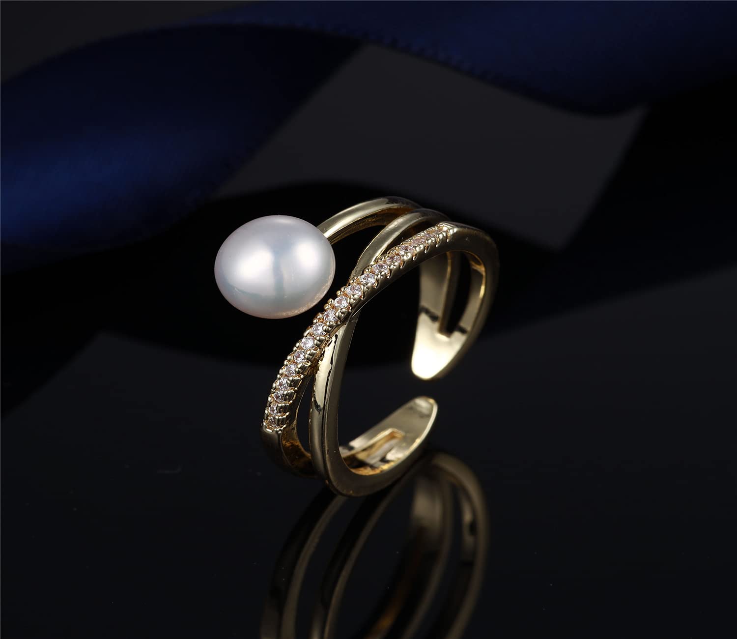 COISE Gold Pearl Rings, Adjustable Rings for Women Girls, AAA+ CZ Stacking Open Rings