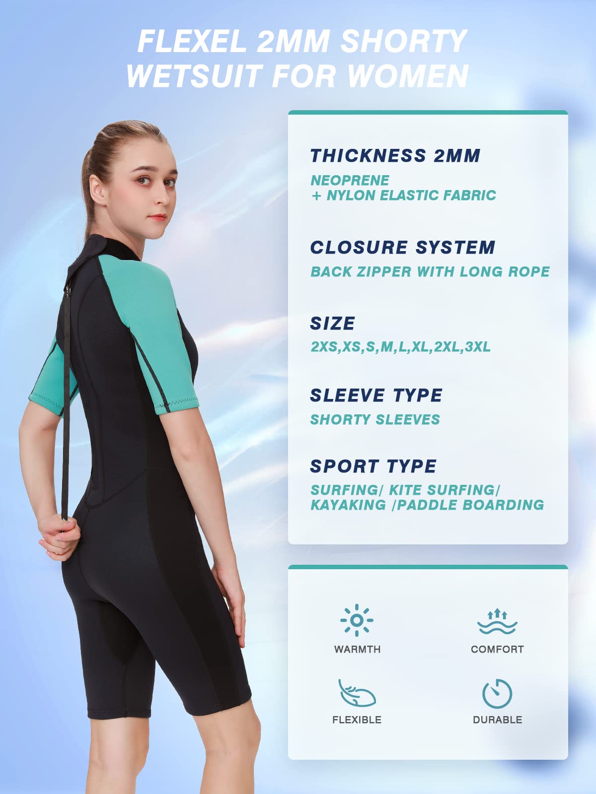 FLEXEL Wetsuit Shorty Women, 2mm Neoprene Short Sleeve Diving Suit Back Zip Keep Warm 1.5mm Female Shorties Wet Suits for Snorkeling Surfing Paddle Boarding (Blue 2mm, Large)