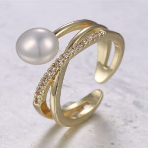 COISE Gold Pearl Rings, Adjustable Rings for Women Girls, AAA+ CZ Stacking Open Rings