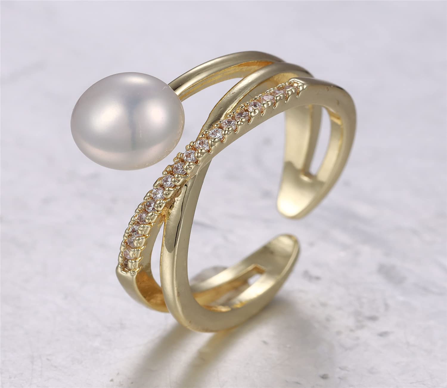 COISE Gold Pearl Rings, Adjustable Rings for Women Girls, AAA+ CZ Stacking Open Rings