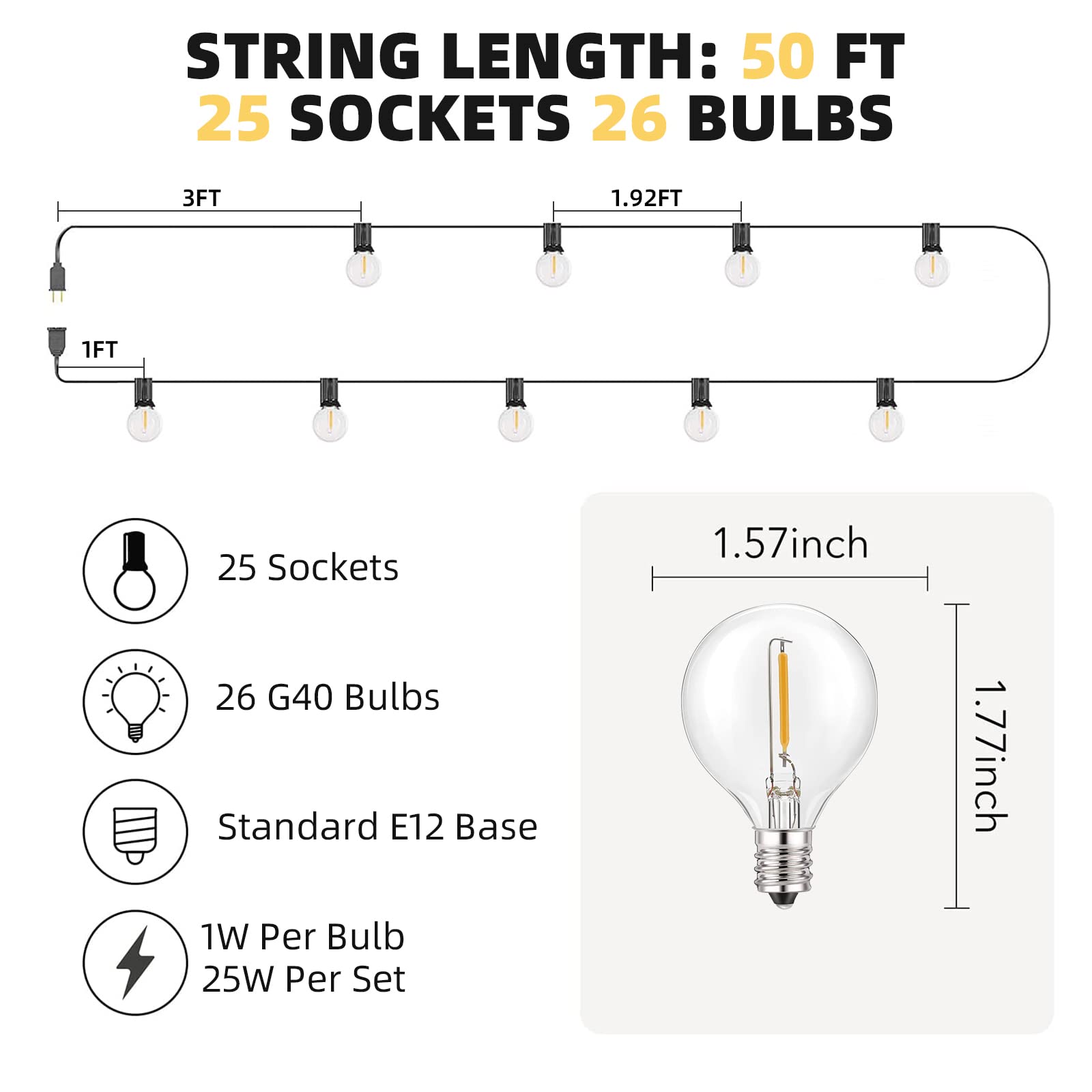 RTTY Outdoor String Lights 50ft, G40 Led Patio Lights with 26pcs Bulbs,Waterproof Shatterproof Dimmable Hanging Connectable Globe Outdoor Lights for Cafe,Bistro,Backyard,Gazebo,Balcony,Party, Black