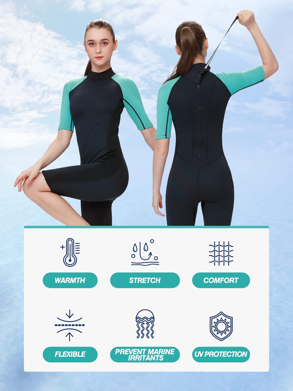 FLEXEL Wetsuit Shorty Women, 2mm Neoprene Short Sleeve Diving Suit Back Zip Keep Warm 1.5mm Female Shorties Wet Suits for Snorkeling Surfing Paddle Boarding (Blue 2mm, Large)