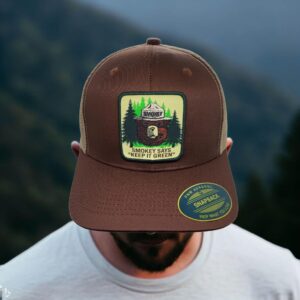 PNW Apparel Smokey The Bear Keep it Green Snapback Trucker Hat with Smokey The Bear Woven Patch (Brown/Tan)