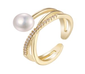 coise gold pearl rings, adjustable rings for women girls, aaa+ cz stacking open rings