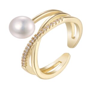 COISE Gold Pearl Rings, Adjustable Rings for Women Girls, AAA+ CZ Stacking Open Rings