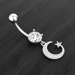 GulCean Belly Button Ring Dangle Moon and Stars for Women Sexy Surgical Steel Cute Dainty Boho Long Bar Dangly Belly Button Rings Hypoallergenic Jewelry for Her (Silver)