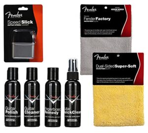 fender guitar super care kit bundle with speed stick string cleaner, custom shop deluxe guitar care system 4 pack, super-soft dual-sided microfiber cloth, and fender factory microfiber cloth