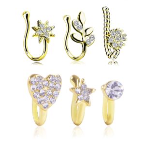 6pcs fake nose rings, non-piercing clip-on nose rings, glittering crystal inlaid nose ring, lovely heart shape star flower leaf charms stainless steel adjustable body jewelry women girls-gold