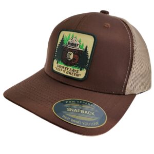 PNW Apparel Smokey The Bear Keep it Green Snapback Trucker Hat with Smokey The Bear Woven Patch (Brown/Tan)